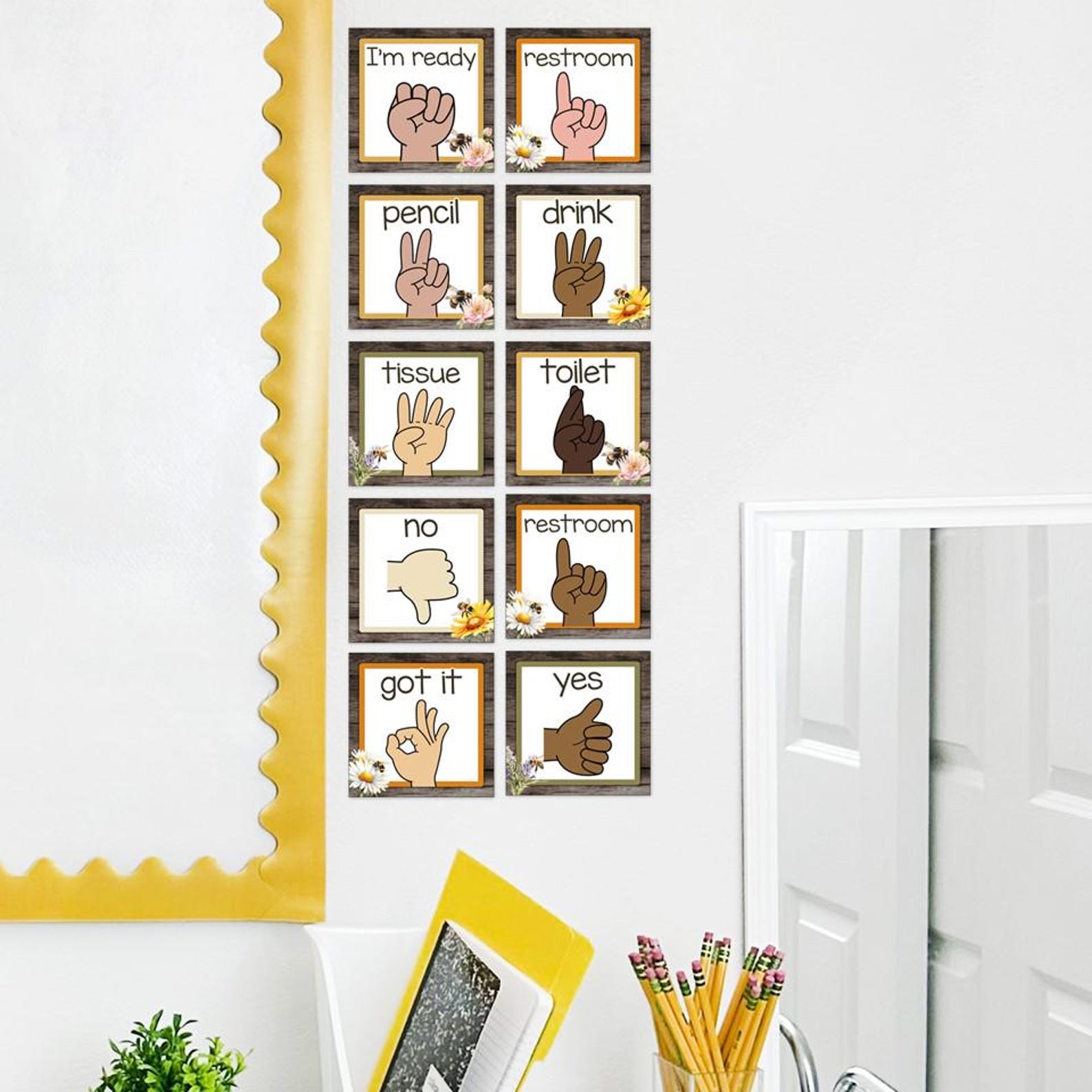 Classroom Hand Signal Posters, Bee Classroom Decor, Editable Hand ...