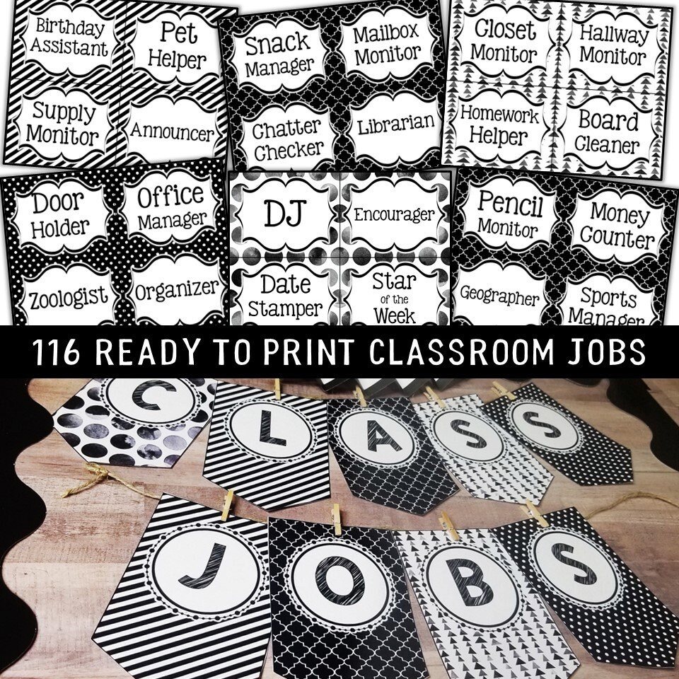 Editable Classroom Jobs Chart Template Black and White - Etsy