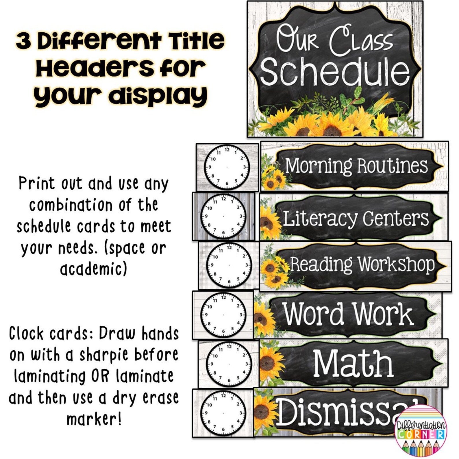 Editable Daily Schedule Cards Sunflower Farmhouse Classroom Decor ...