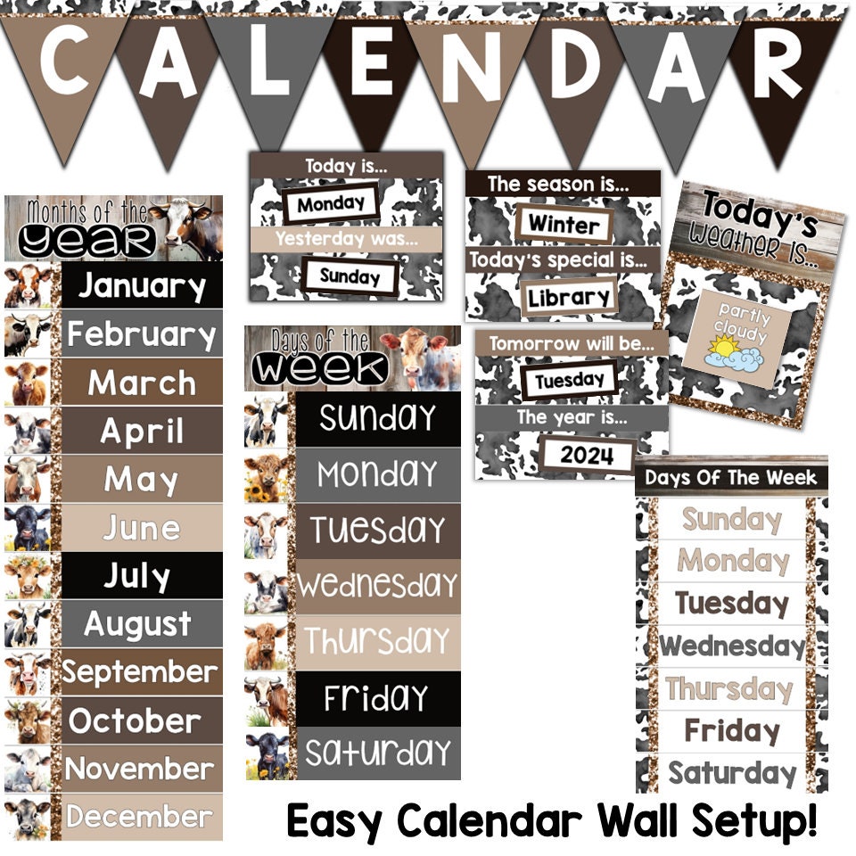 Cow Print Classroom Calendar Set & Weather Display Farmhouse Classroom ...