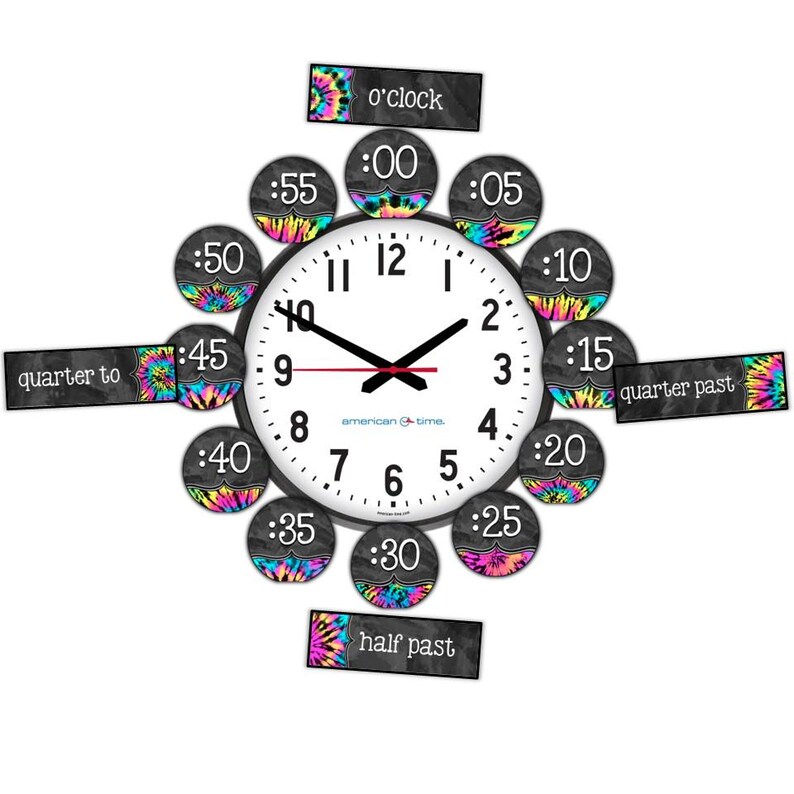 Tie Dye Clock Label Numbers in 5 Minute Retro Classroom Decor Clock ...