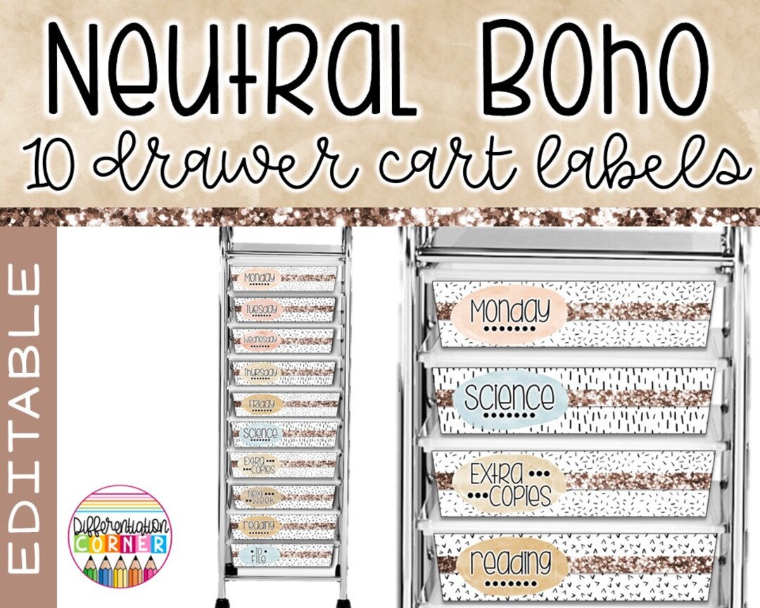 10 Drawer Cart Rolling Labels Editable Neutral Boho Classroom Decor ...
