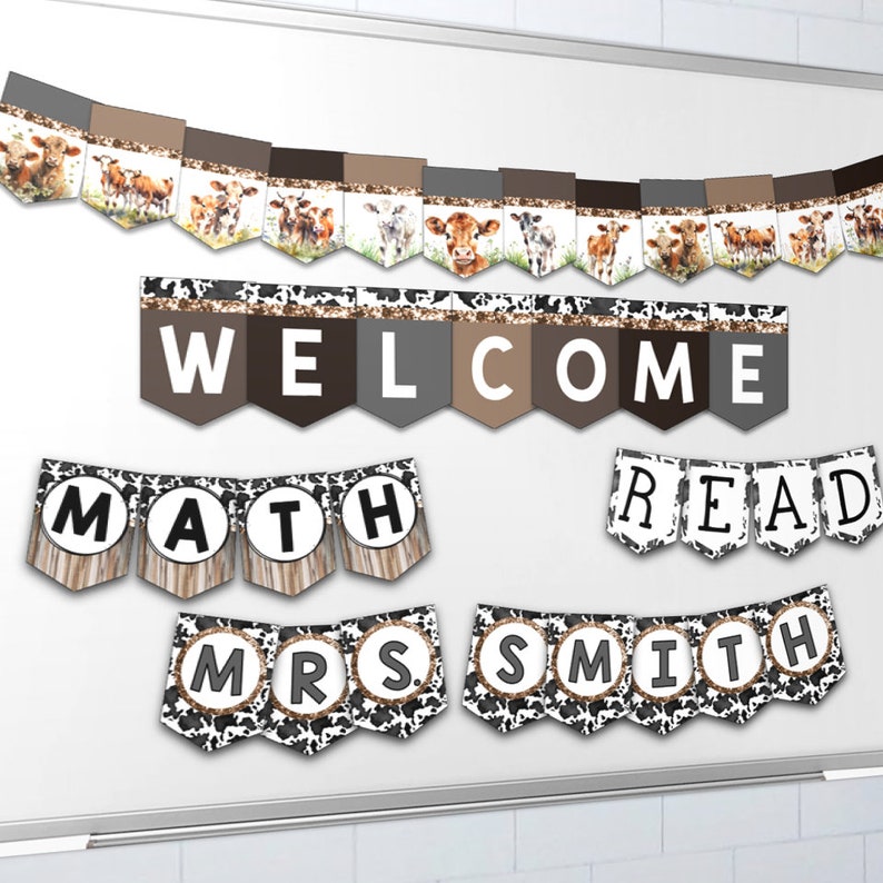 Editable Cow Print Bunting Bulletin Board Banner Letters Farmhouse ...