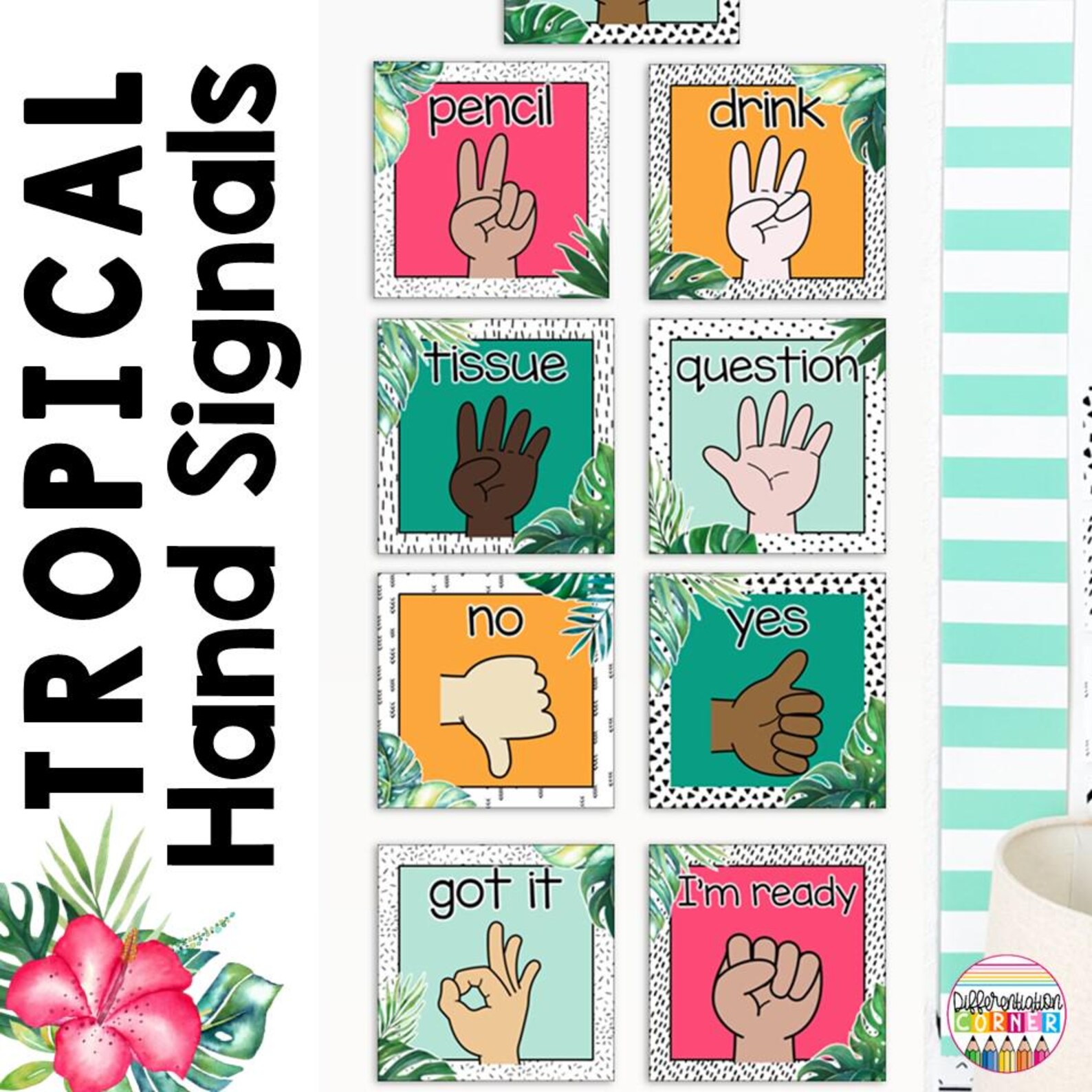 Classroom Hand Signal Posters, Tropical Classroom Decor, Editable Hand ...