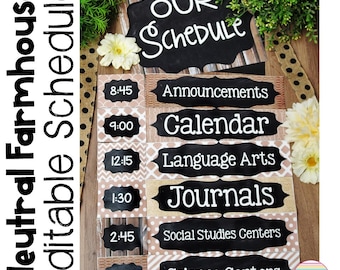EDITABLE Daily Schedule Cards | Boho Farmhouse | Bulletin Board Posters ...