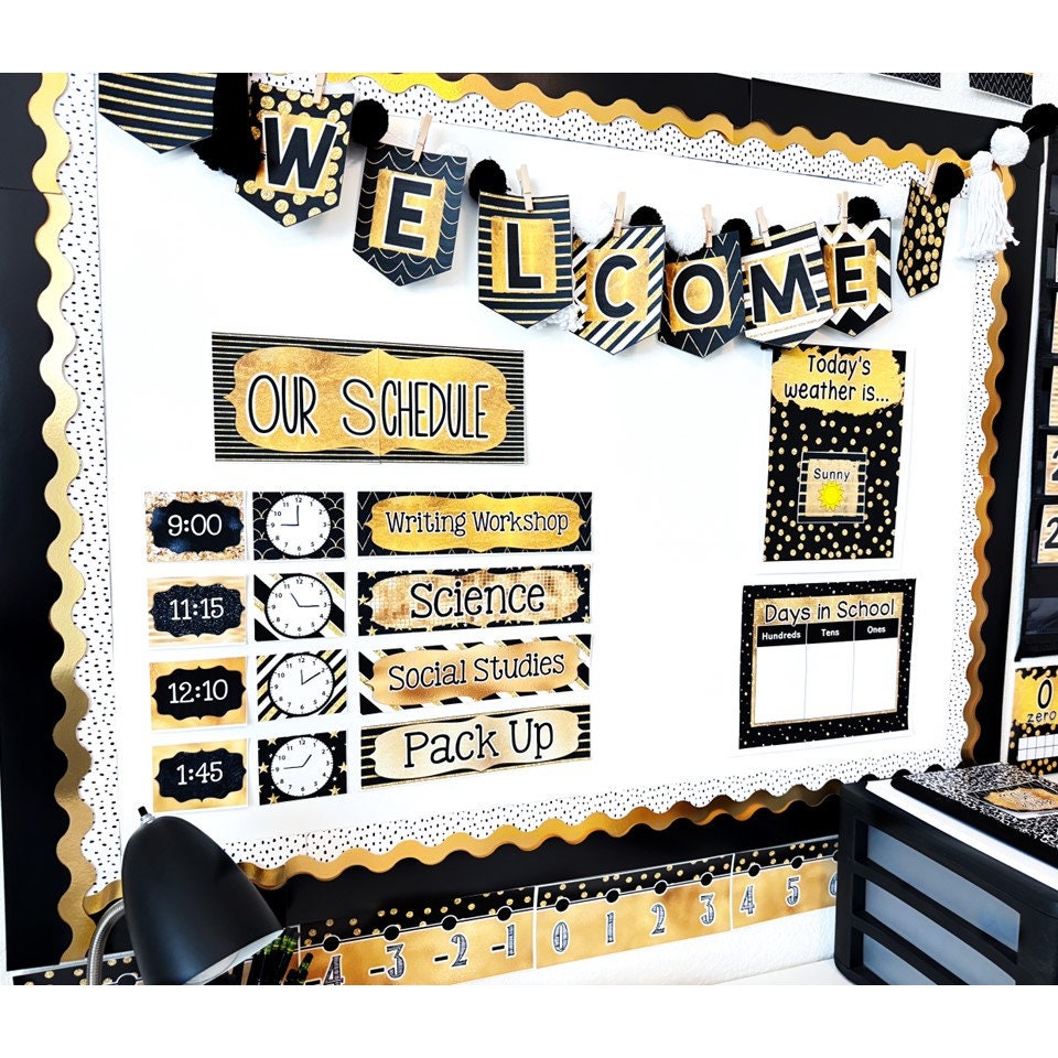 Editable Bunting Bulletin Board Banner Letters Black and Gold Classroom ...