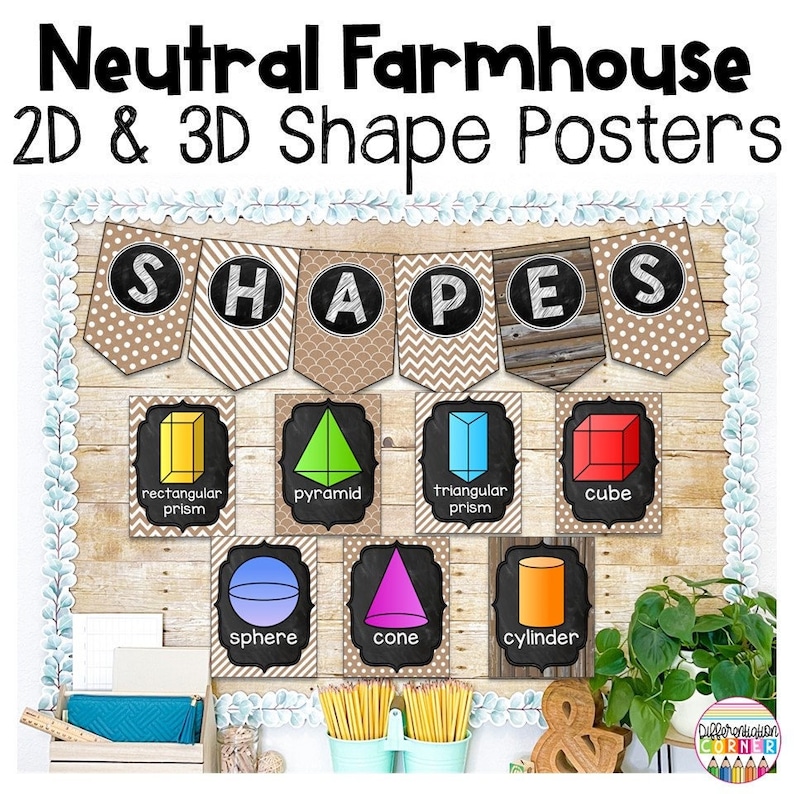 Printable Shape Posters And Charts Farmhouse Neutral Classroom Decor 2d