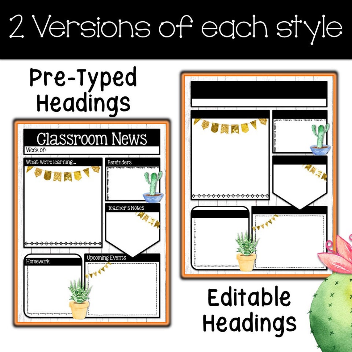 Editable Classroom Newsletter Template Cactus Classroom Decor Monthly ...
