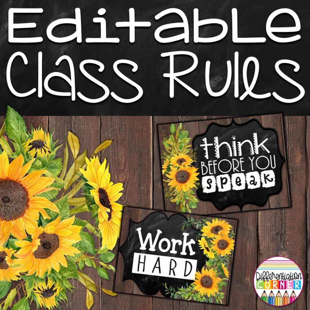 Editable Classroom Rules Posters Sunflower Farmhouse Classroom Decor ...