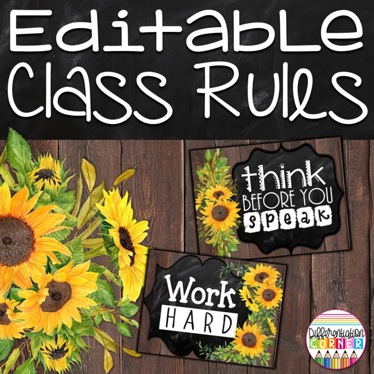 Editable Classroom Rules Posters Sunflower Farmhouse Classroom Decor ...