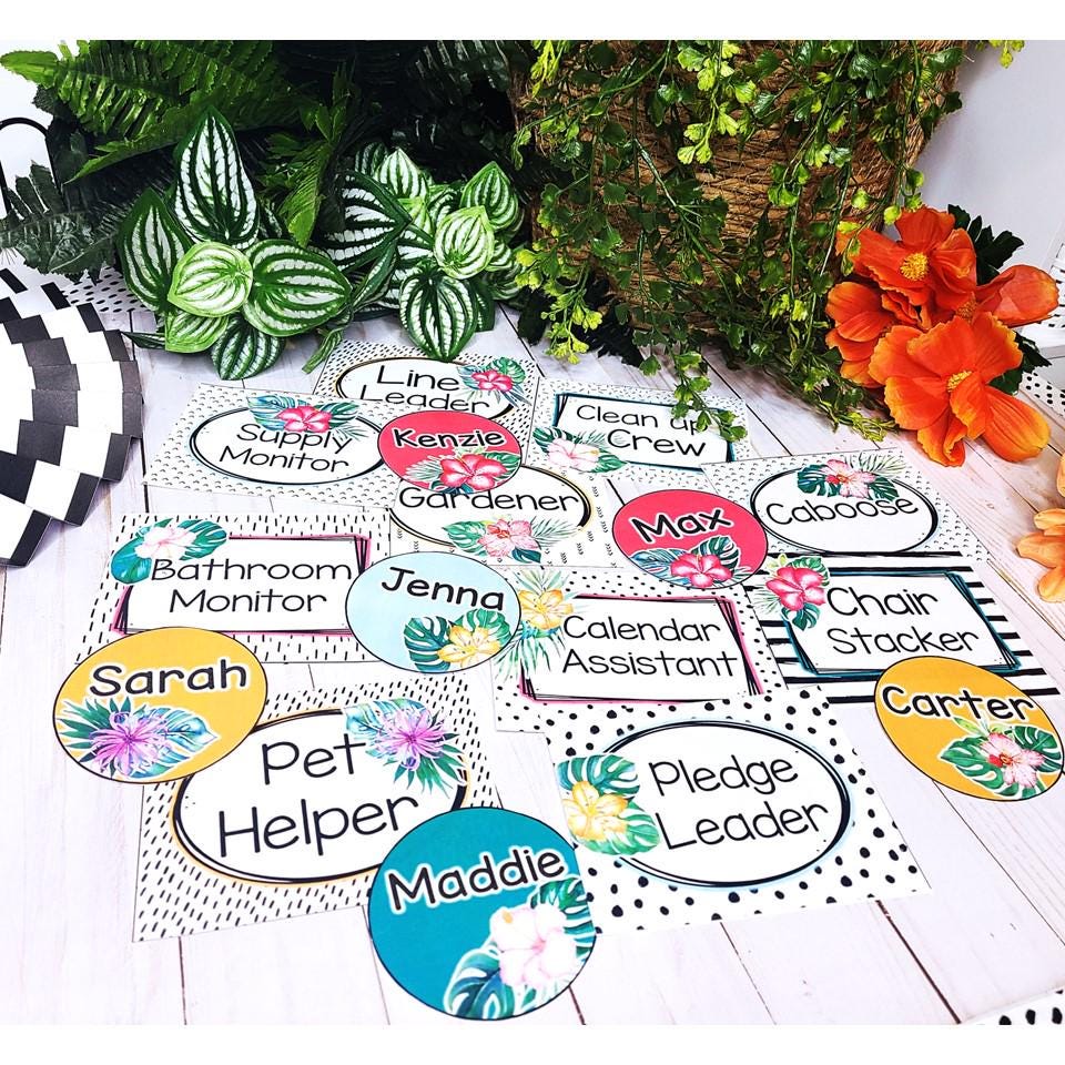 Editable Classroom Jobs Chart Template | Tropical Classroom Decor ...