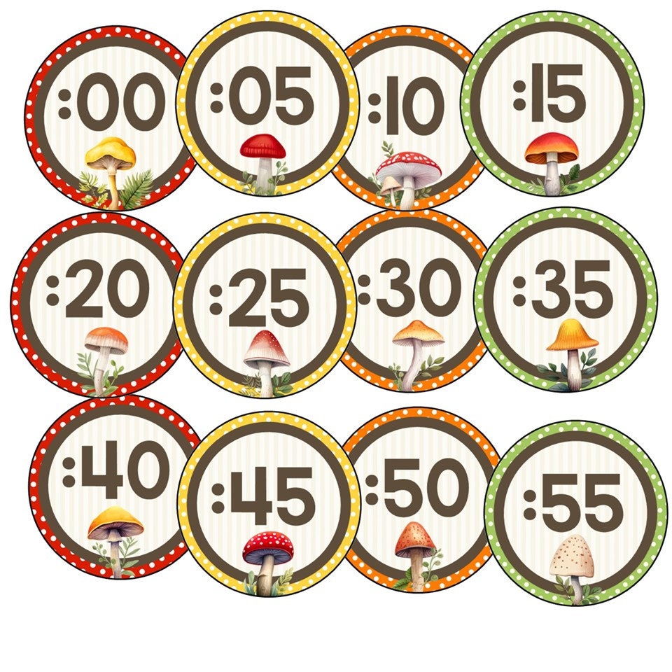 Mushroom Retro Clock Label Numbers in 5 Minute Intervals | Groovy ...