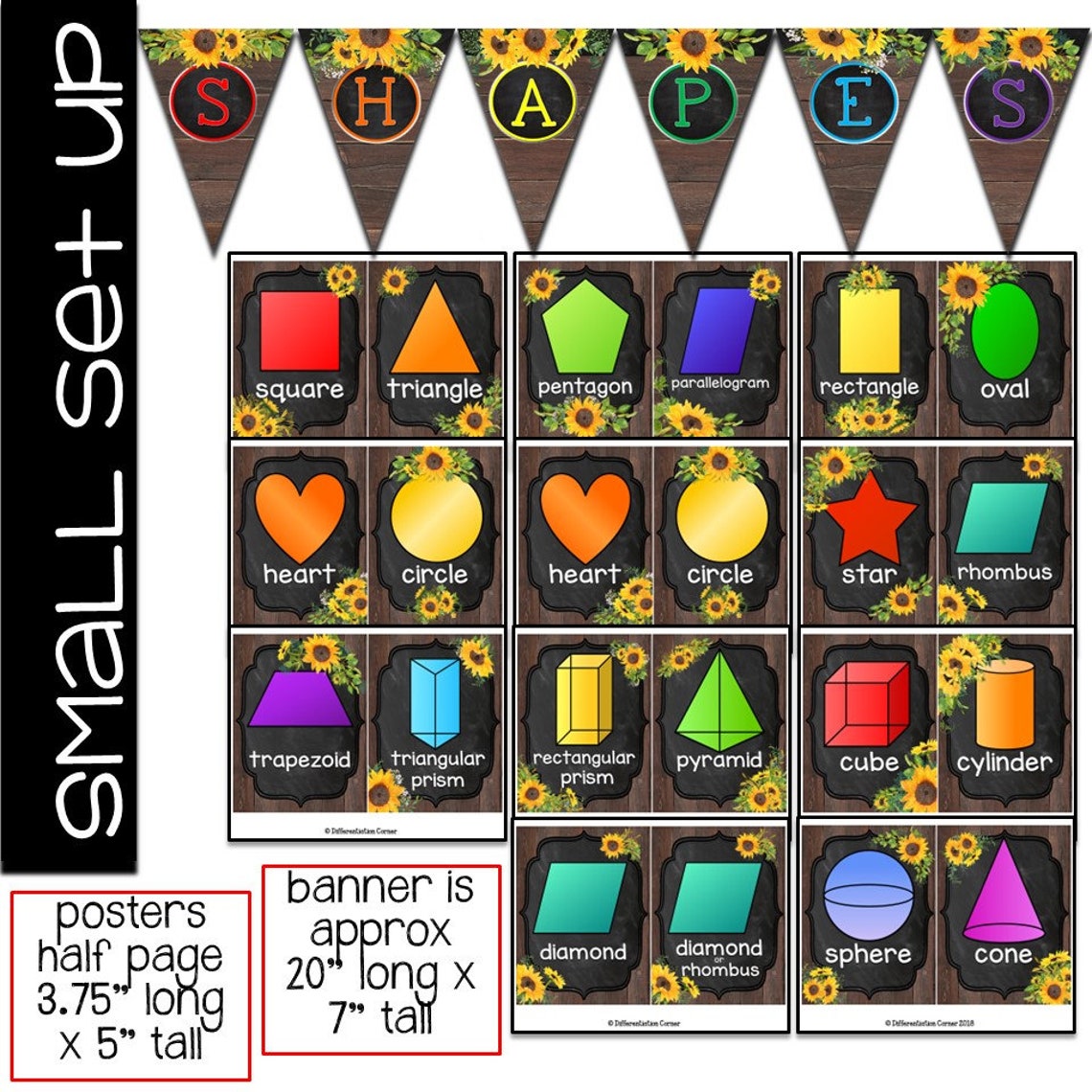 PRINTABLE Shape Posters and Charts Sunflower Farmhouse Classroom Decor ...