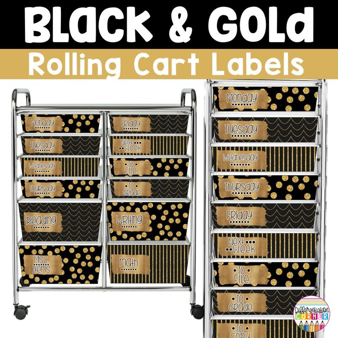 10 Drawer Rolling Cart Labels Editable Black and Gold Classroom Decor ...