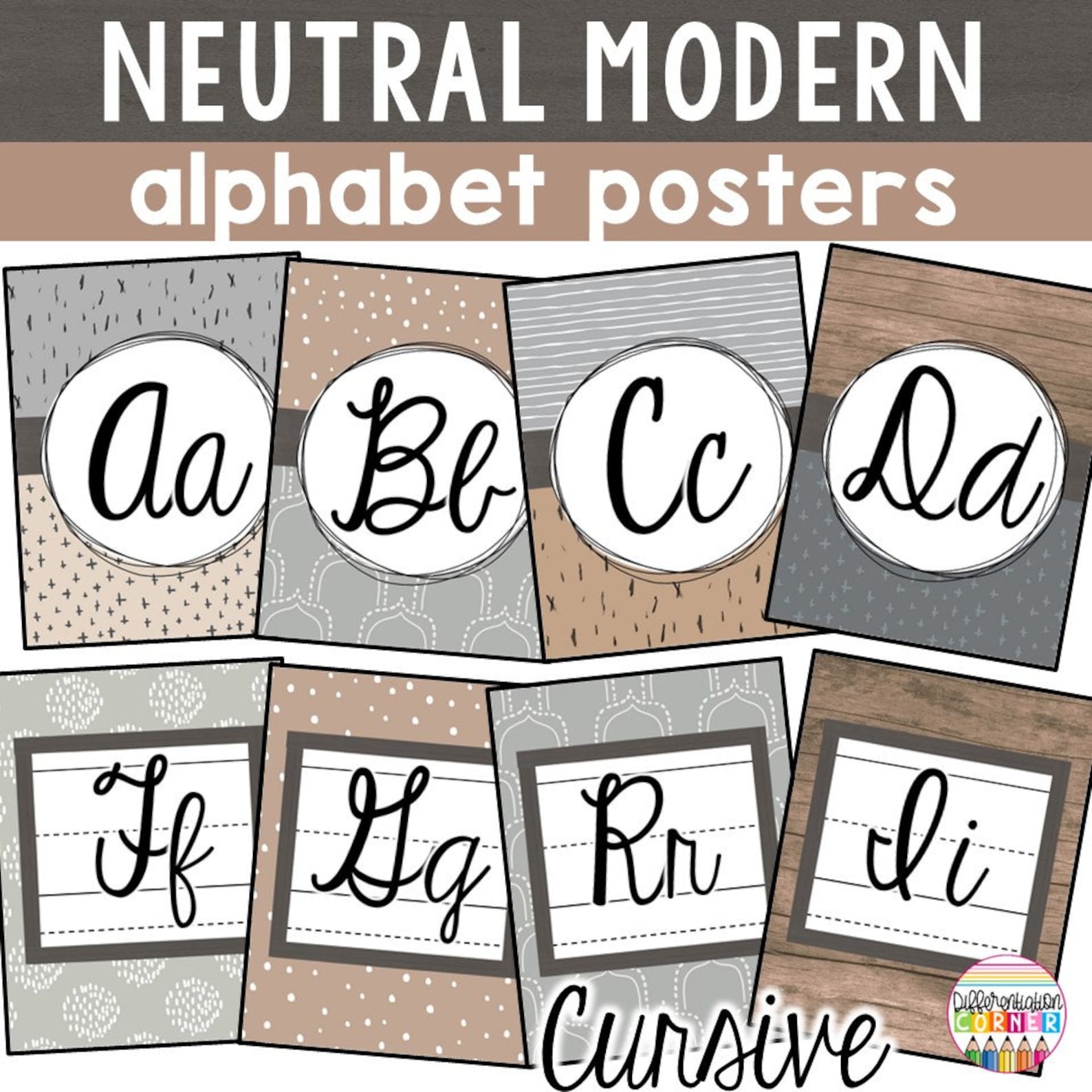 2 Cursive Alphabet Posters for the Classroom Boho Neutral Classroom ...