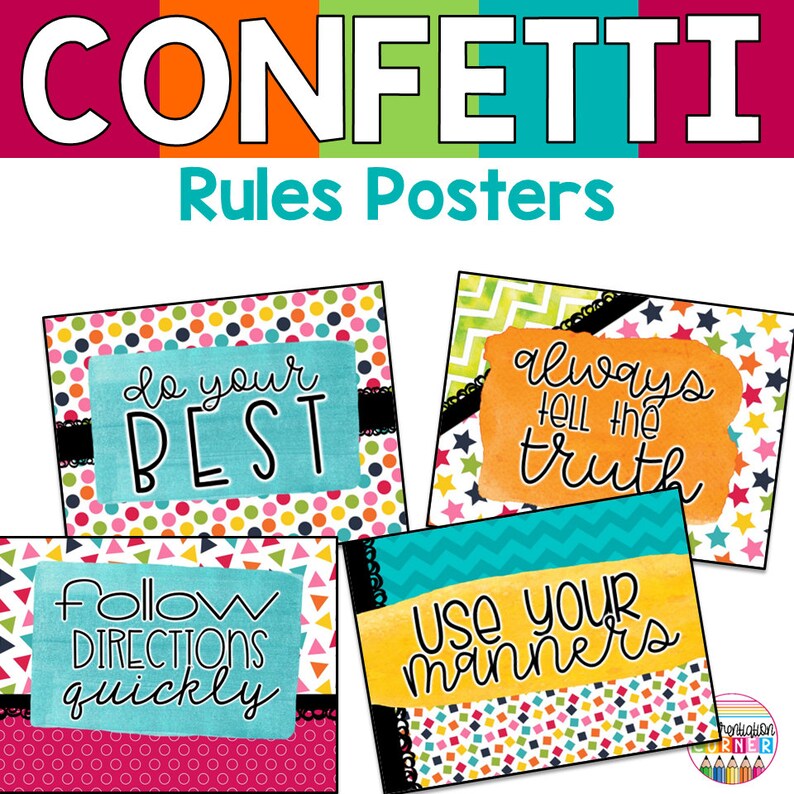 Editable Confetti Rainbow Classroom Rules Posters Confetti Rainbow ...