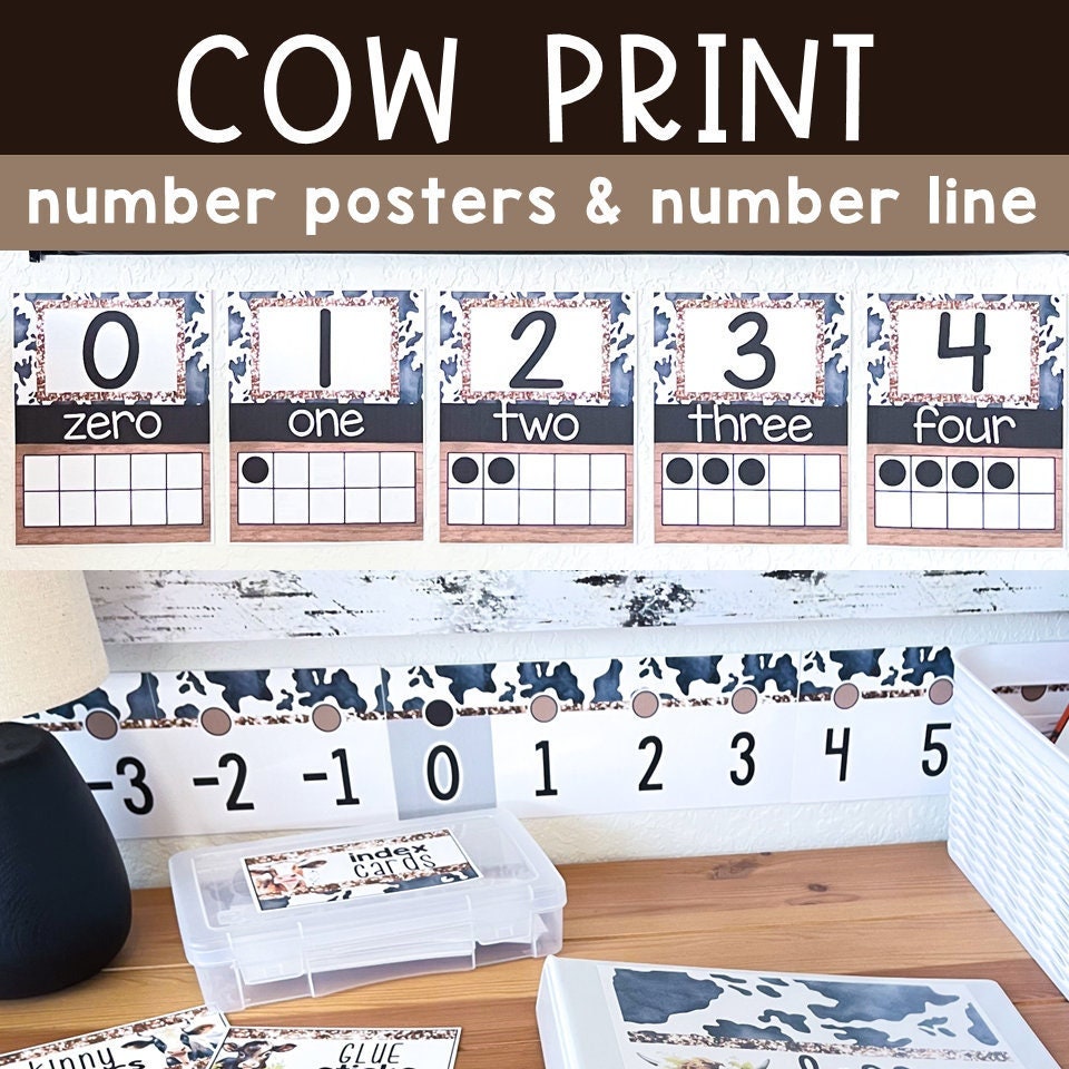 Number Posters 0-30 Number Line Negative Numbers Cow Print Farmhouse ...