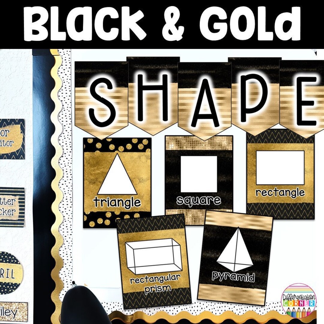 PRINTABLE Shape Posters Charts Black and Gold Classroom Decor 2D and 3D ...