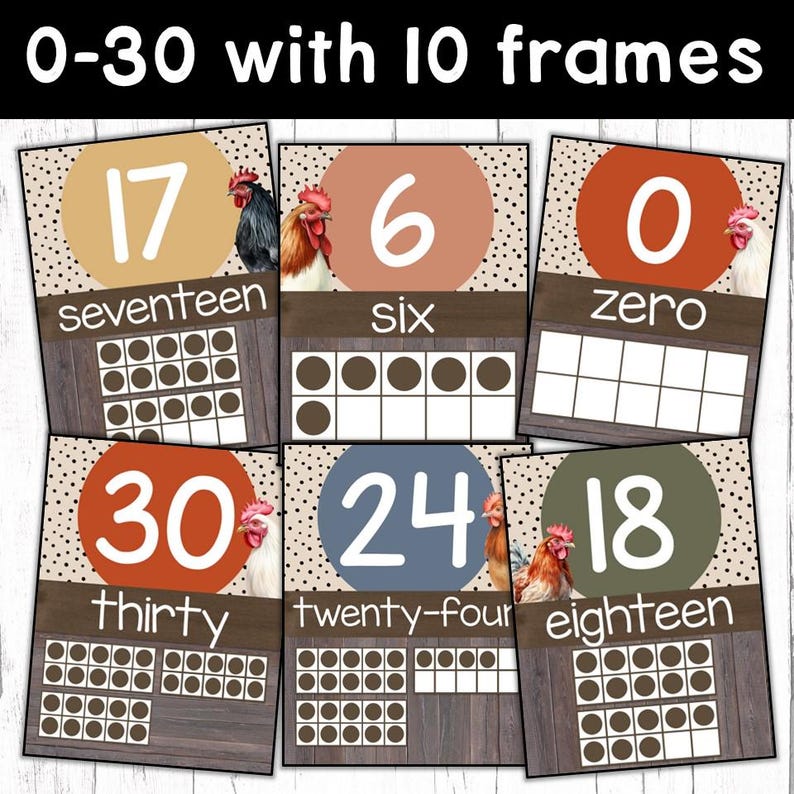 Number Posters 0-30 Number Line Negative Numbers Chicken Farmhouse ...