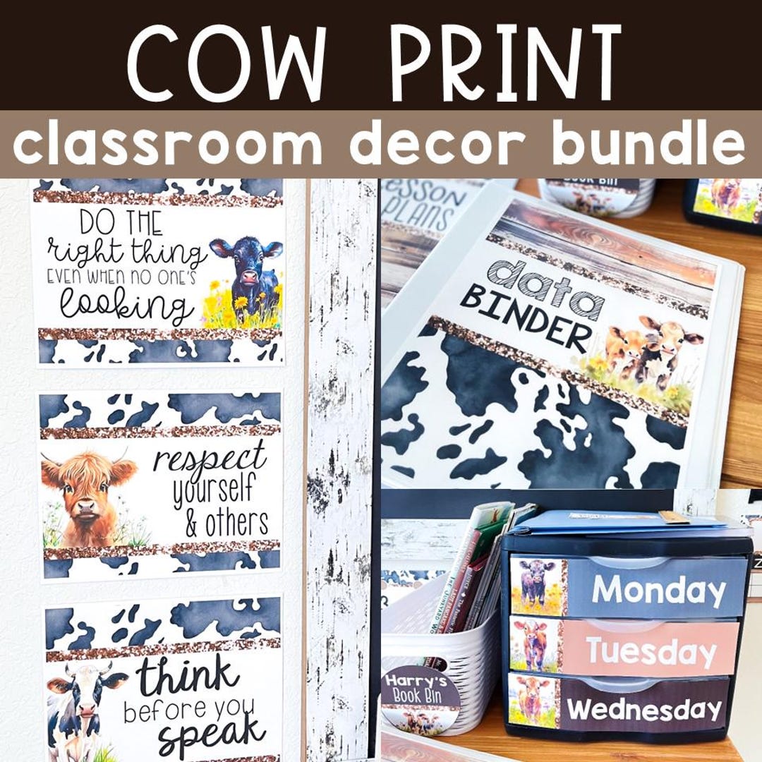 Cow Print Neutral Classroom Decor Bundle | Classroom Bulletin Board ...