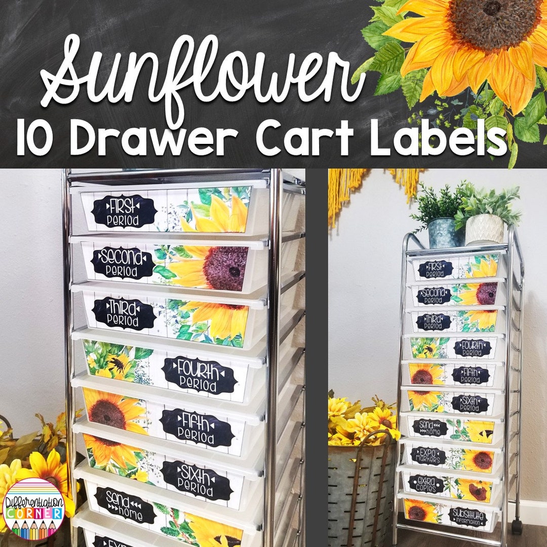 10 Drawer Cart Rolling Labels Editable Sunflower Farmhouse Classroom ...