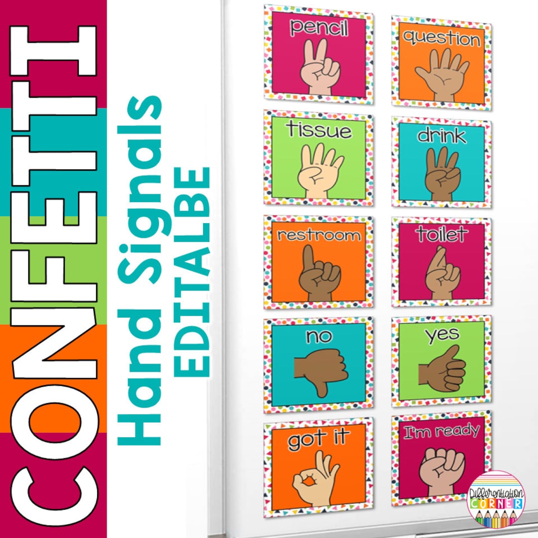 Classroom Hand Signal Posters, Confetti Rainbow Classroom Decor ...
