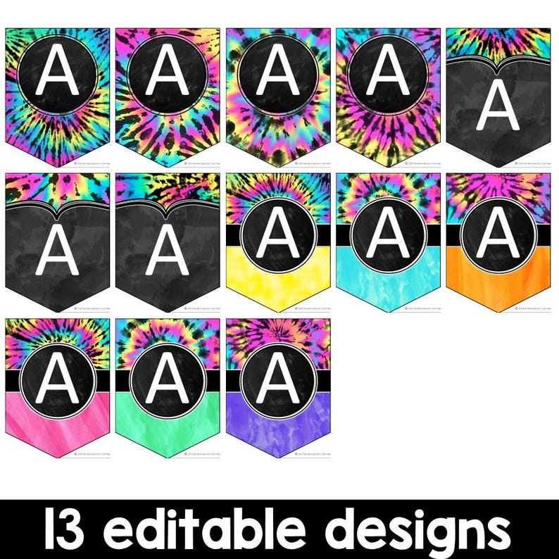 Editable Tie Dye Retro Bunting Bulletin Board Banner Letters Tie Dye ...