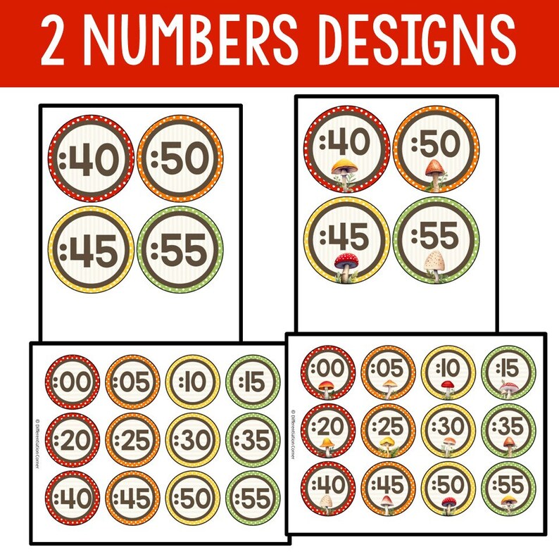 Mushroom Retro Clock Label Numbers in 5 Minute Intervals | Groovy ...