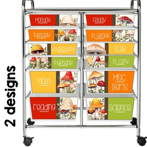 10 Drawer Rolling Cart Labels Editable Mushroom Retro Classroom Decor ...