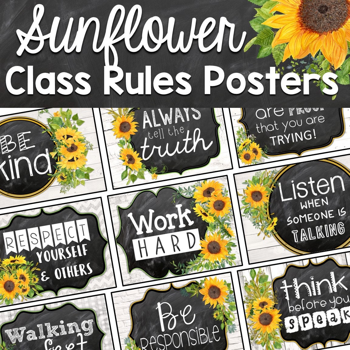 Editable Classroom Rules Posters Sunflower Farmhouse Classroom Decor ...