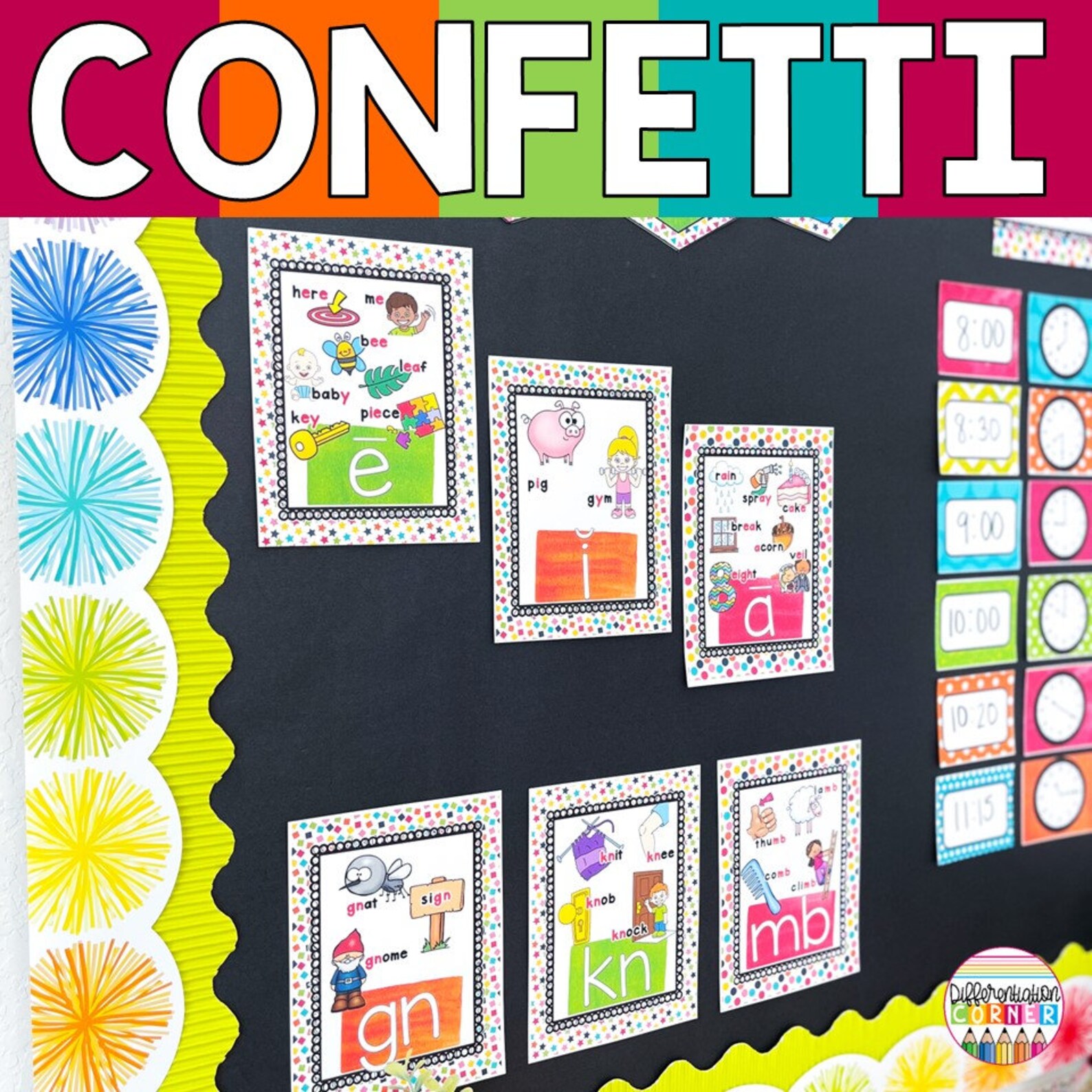 Confetti Rainbow Phonics Posters Vowel Valley Sound Wall Science of ...