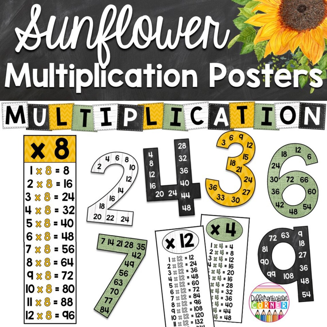 Multiplication Posters Sunflower Farmhouse Classroom Decor Printable ...