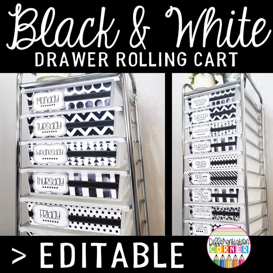 10 Drawer Rolling Cart Labels Editable Black and White Classroom Decor ...
