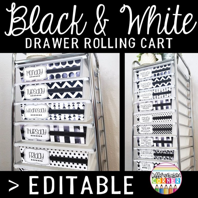 10 Drawer Rolling Cart Labels Editable Black and White - Etsy
