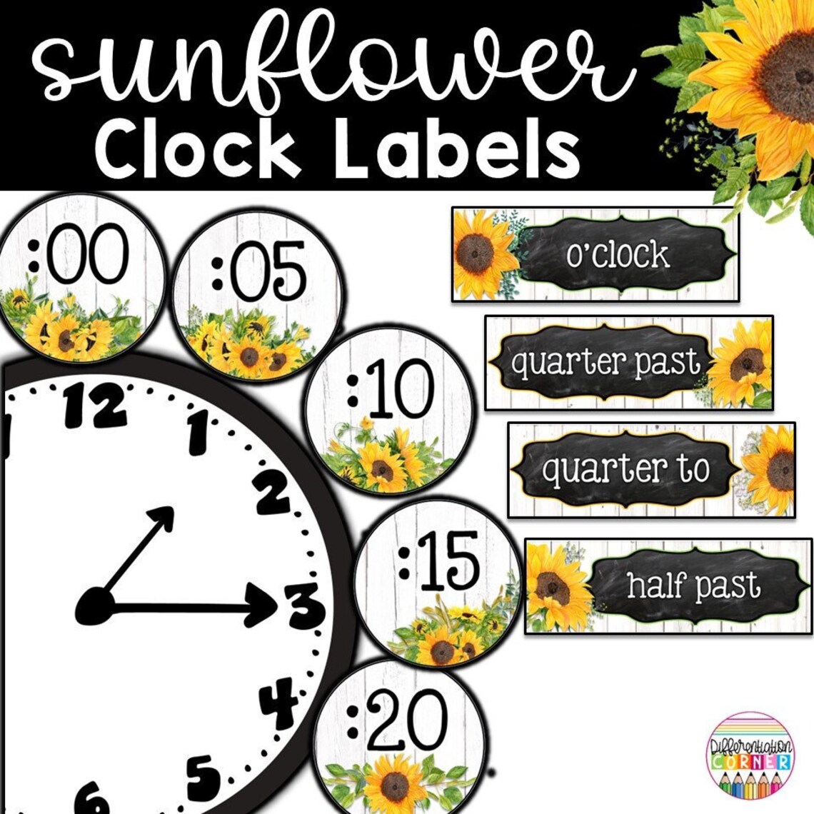 PRINTABLE Clock Label Numbers in 5 Minute Intervals Sunflower Farmhouse ...