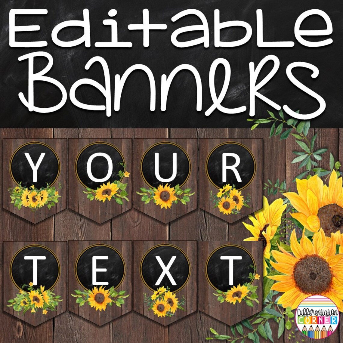Editable Bunting Bulletin Board Banner Letters Sunflower Farmhouse ...