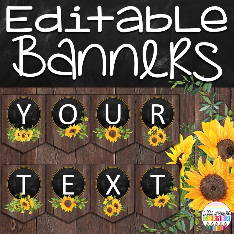Editable Bunting Bulletin Board Banner Letters Sunflower Farmhouse ...