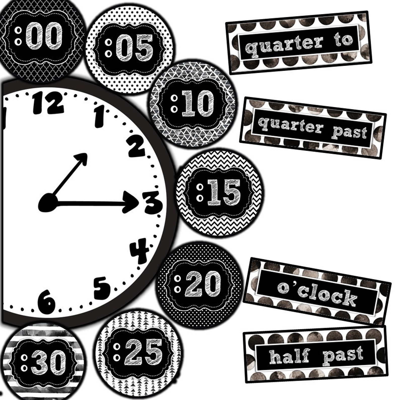PRINTABLE Clock Label Numbers in 5 Minute Intervals Black and White ...