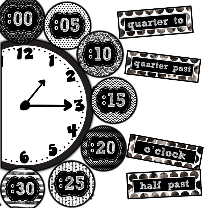 PRINTABLE Clock Label Numbers in 5 Minute Intervals Black and White ...