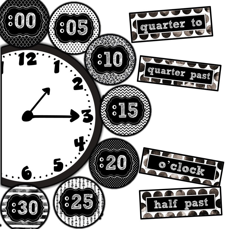 PRINTABLE Clock Label Numbers in 5 Minute Intervals Black and White ...