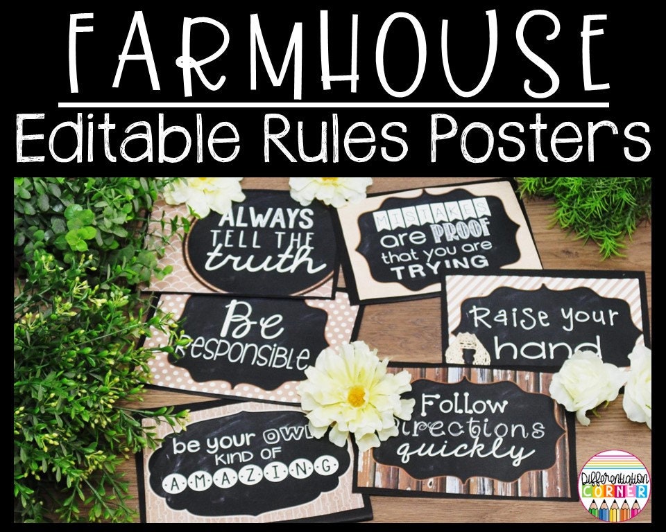 Editable Farmhouse Classroom Rules Posters Farmhouse Neutral Classroom ...