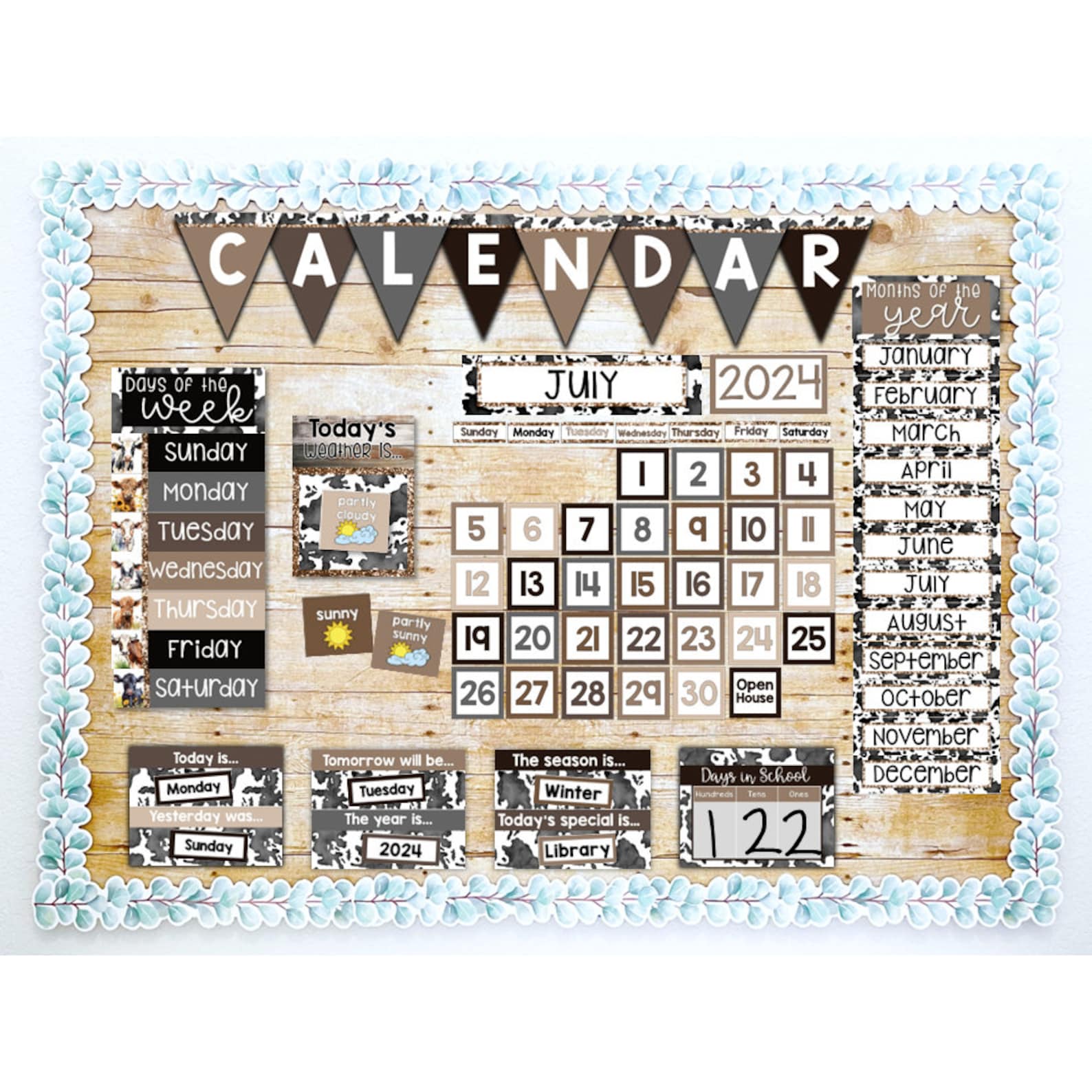 Cow Print Classroom Calendar Set & Weather Display Farmhouse Classroom ...