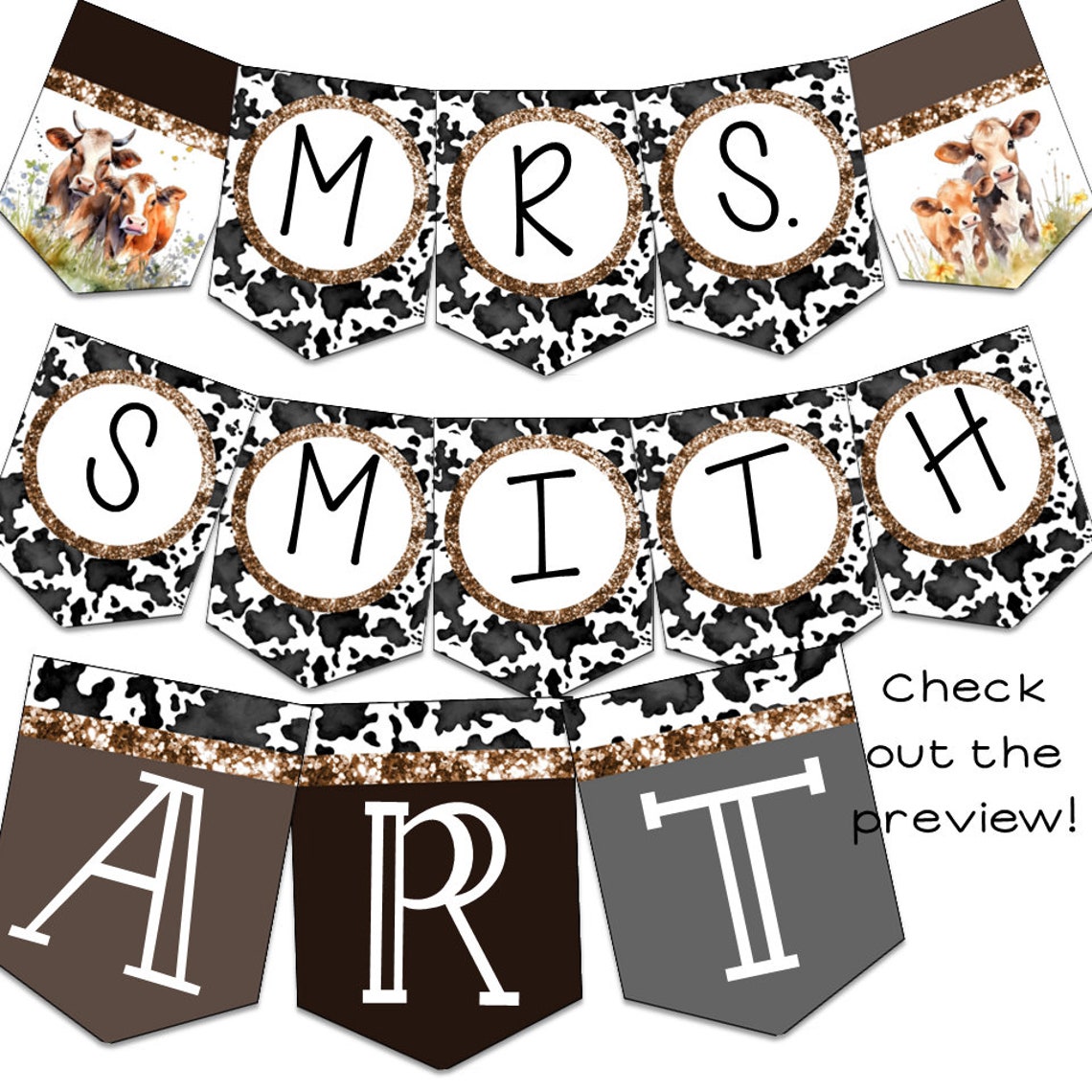 Editable Cow Print Bunting Bulletin Board Banner Letters Farmhouse ...