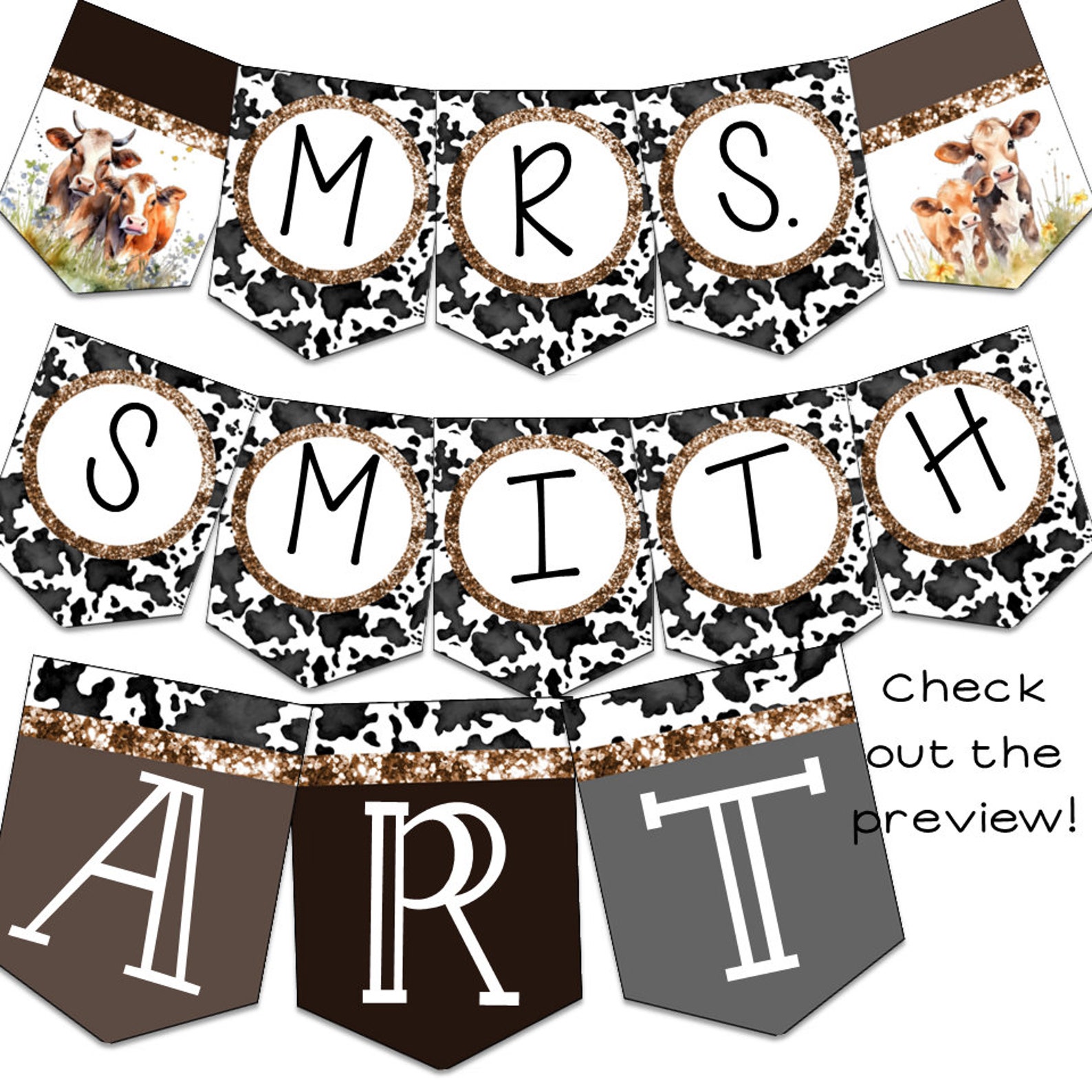 Editable Cow Print Bunting Bulletin Board Banner Letters Farmhouse ...