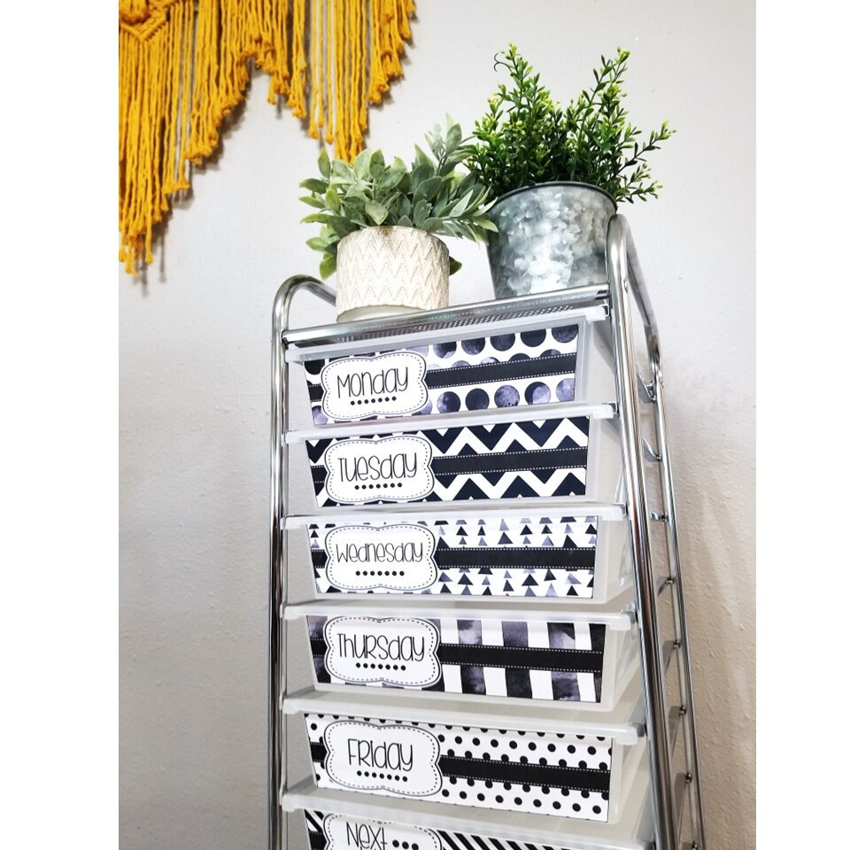 10 Drawer Rolling Cart Labels Editable Black and White Classroom Decor ...