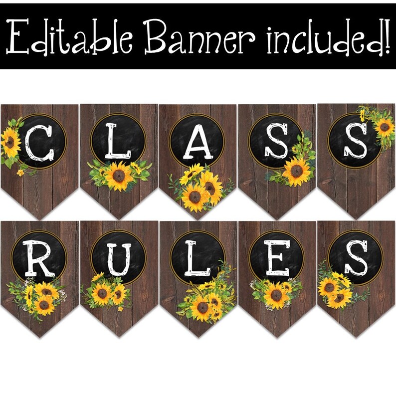 Editable Classroom Rules Posters Sunflower Farmhouse Classroom Decor ...