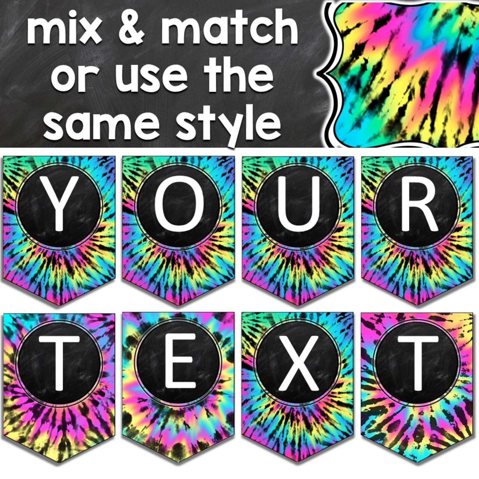 Editable Tie Dye Retro Bunting Bulletin Board Banner Letters Tie Dye ...