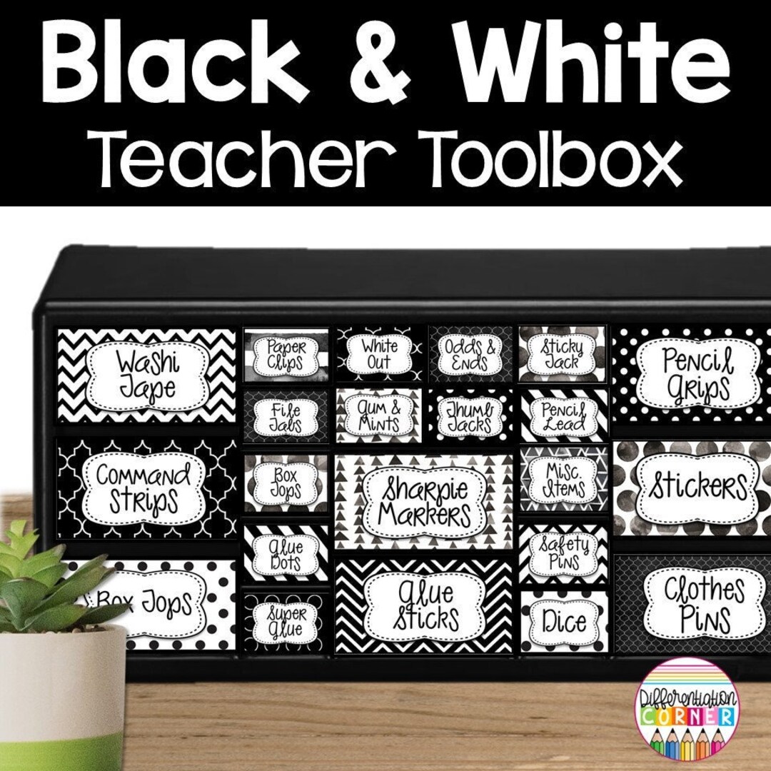 Black and White Teacher Tool Box Labels, Black and White Classroom ...