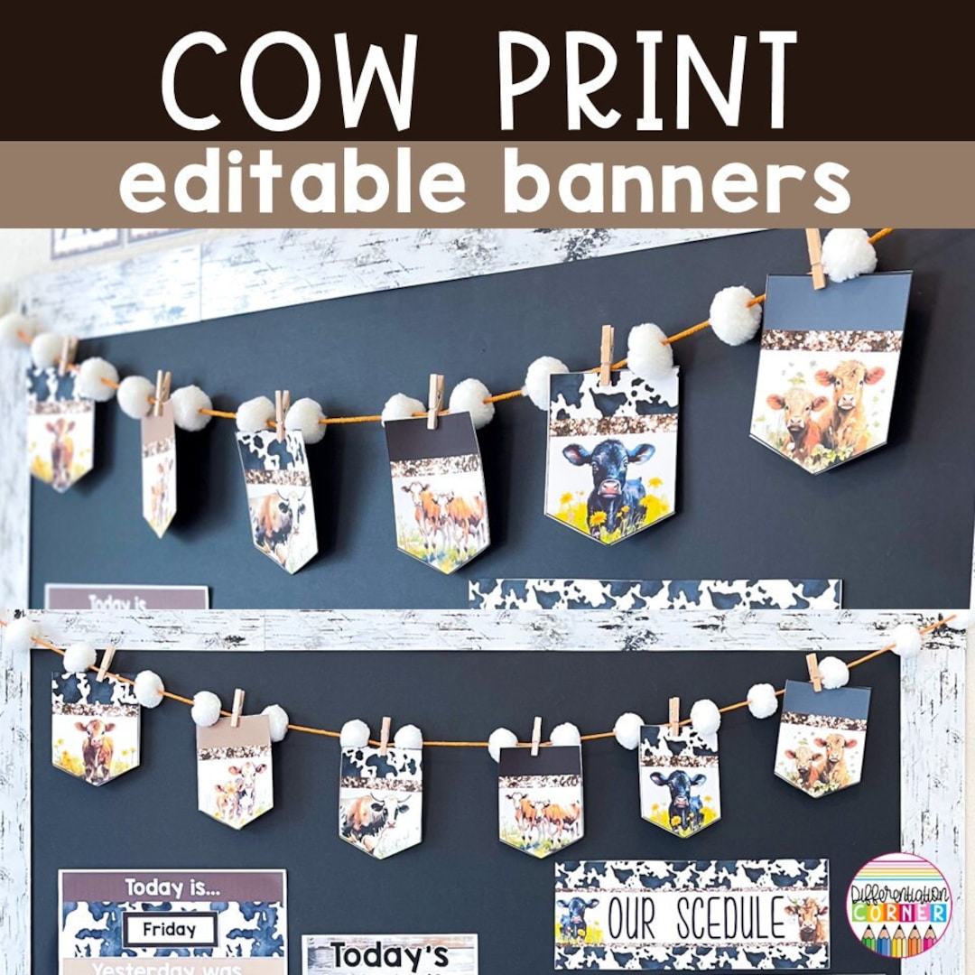 Editable Cow Print Bunting Bulletin Board Banner Letters Farmhouse ...