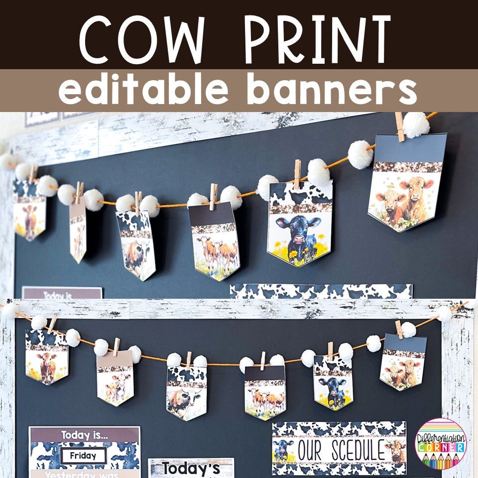 Editable Cow Print Bunting Bulletin Board Banner Letters Farmhouse ...